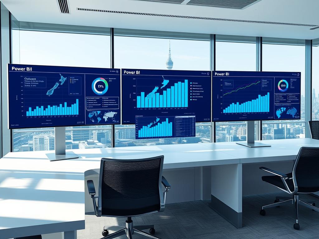 Power BI setup showing data screens in a Kiwi office - SmartByte Solutions