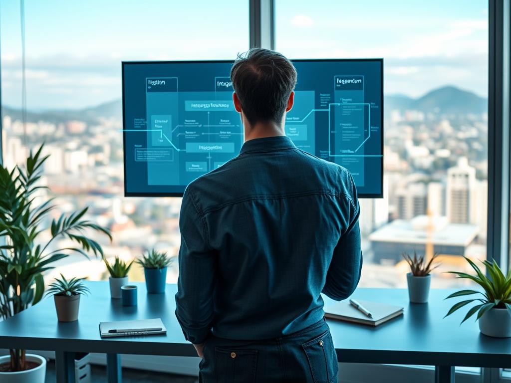 NZ business owner viewing system integration workflow on a monitor in a ...